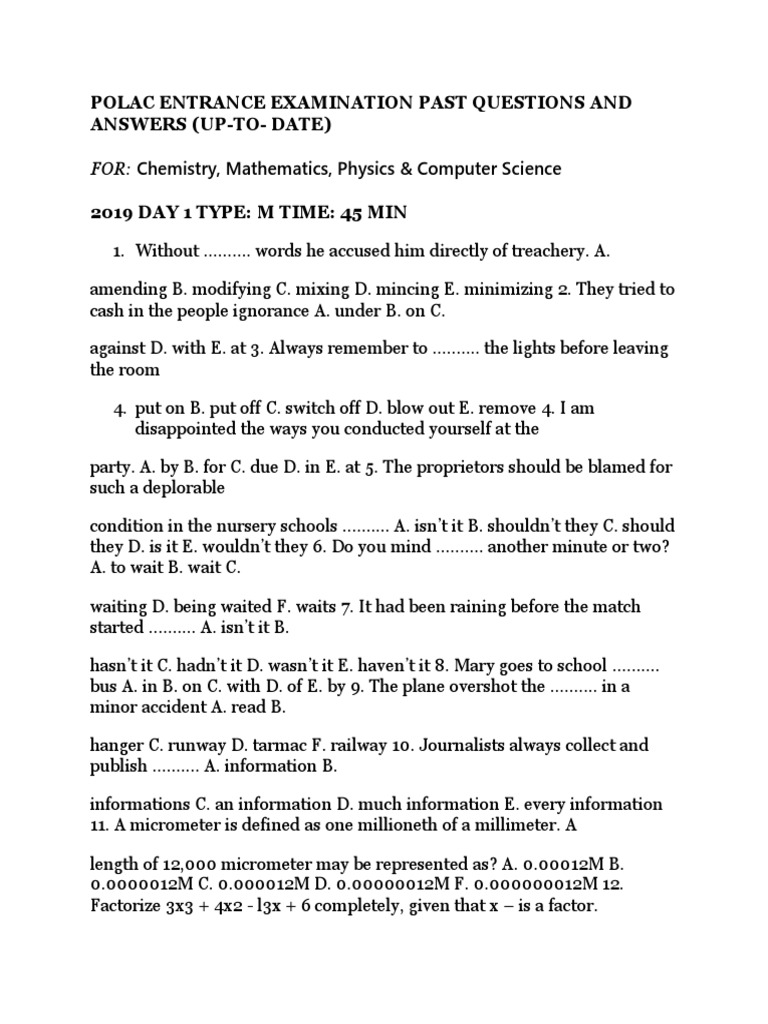 Polac Entrance Examination Past Questions and Answers | PDF