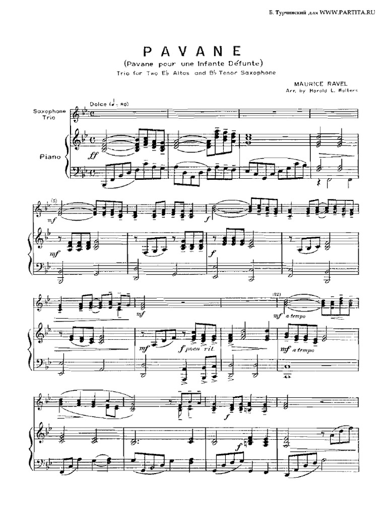 Pavane. Trio For Two Eb Altos and BB Tenor Saxophone. Maurice Ravel ...