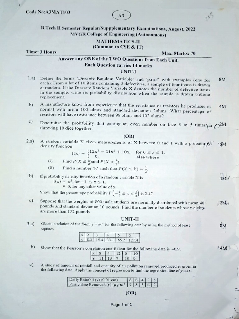 M-II Sem Que Paper, 2022 | PDF | Random Variable | Probability Distribution