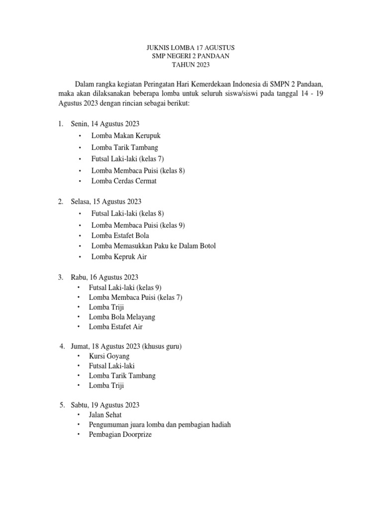 Juknis Lomba 17 Agustus Spenda 2023 New | PDF