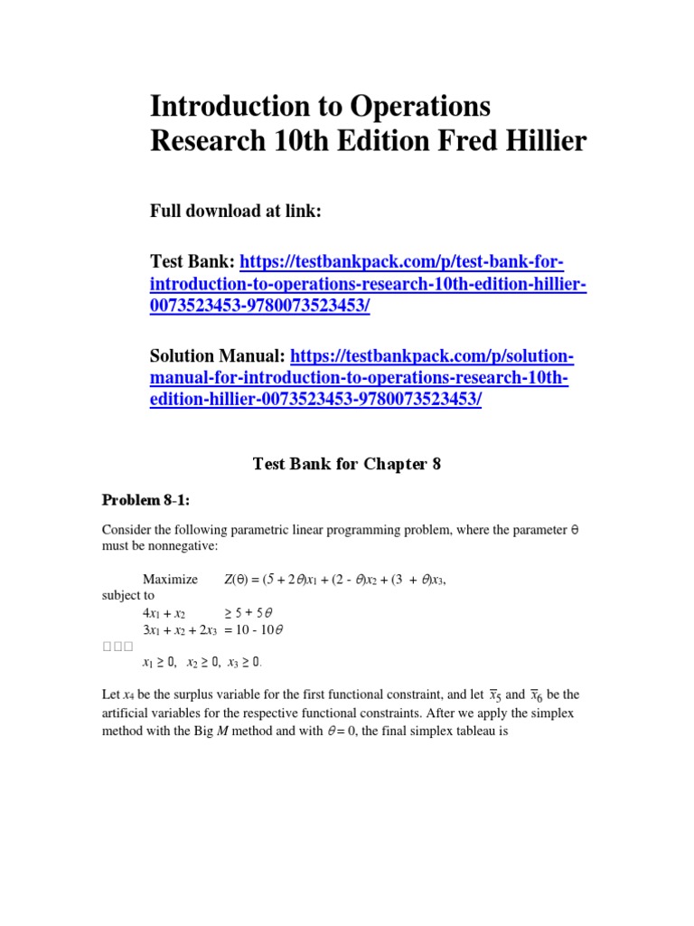 Introduction To Operations Research 10th Edition Fred Hillier Test Bank ...