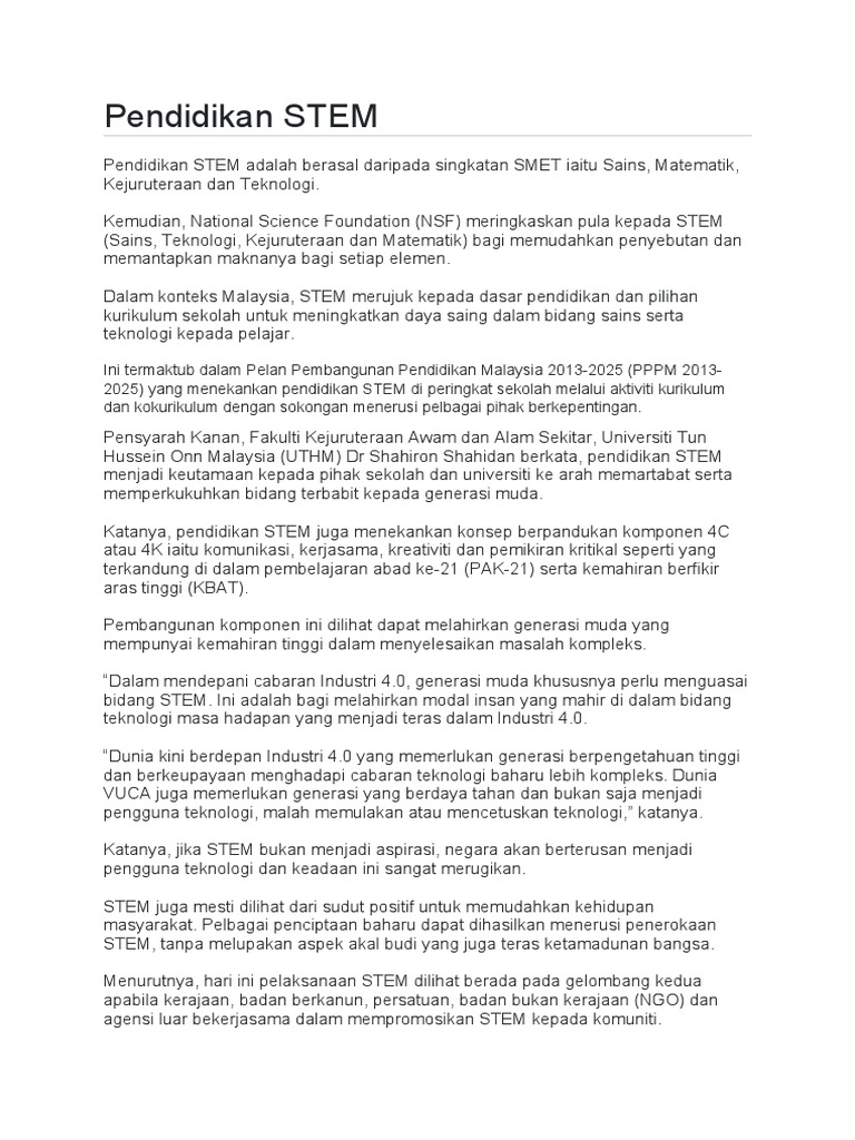 Kepentingan Pendidikan STEM di Malaysia | PDF