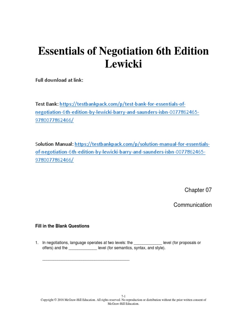 Essentials of Negotiation 6th Edition Lewicki Test Bank Download | PDF ...