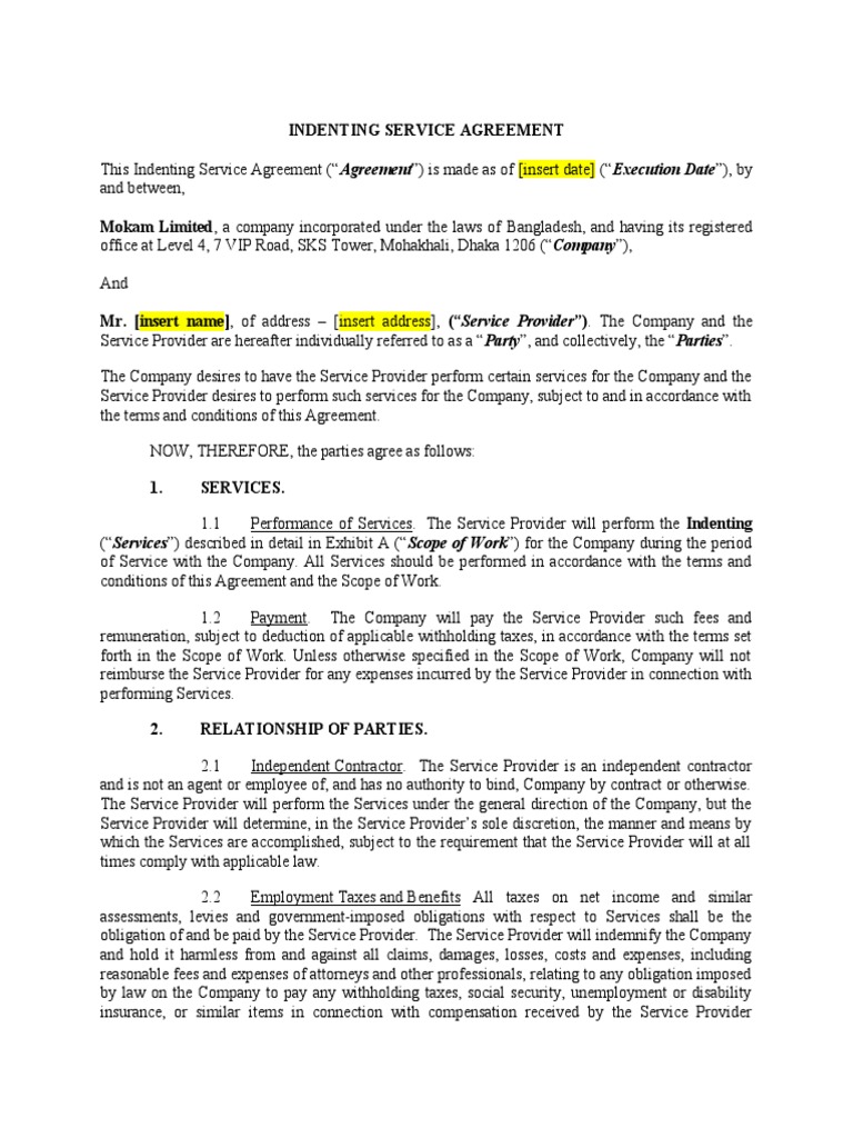 Indenting Services Agreement - Mokam Commodity | PDF | Legal Remedy ...