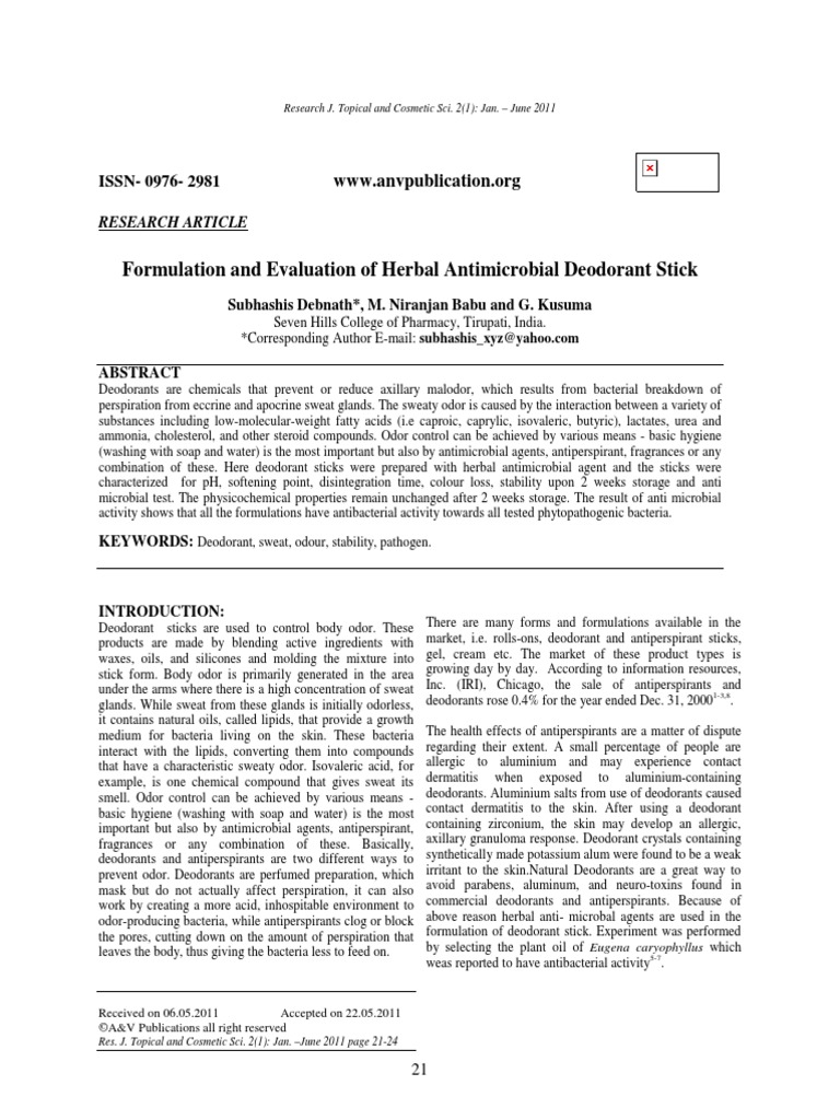Herbal Antimicrobial Deodorant Stick Formulation | PDF