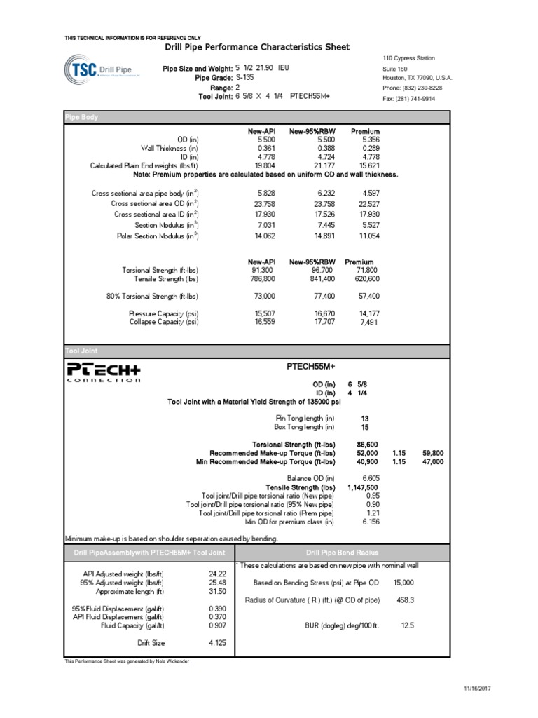5 1 2 High Torque Drill Pipe PTECH55 Connection - TSC Drill Pipe | PDF
