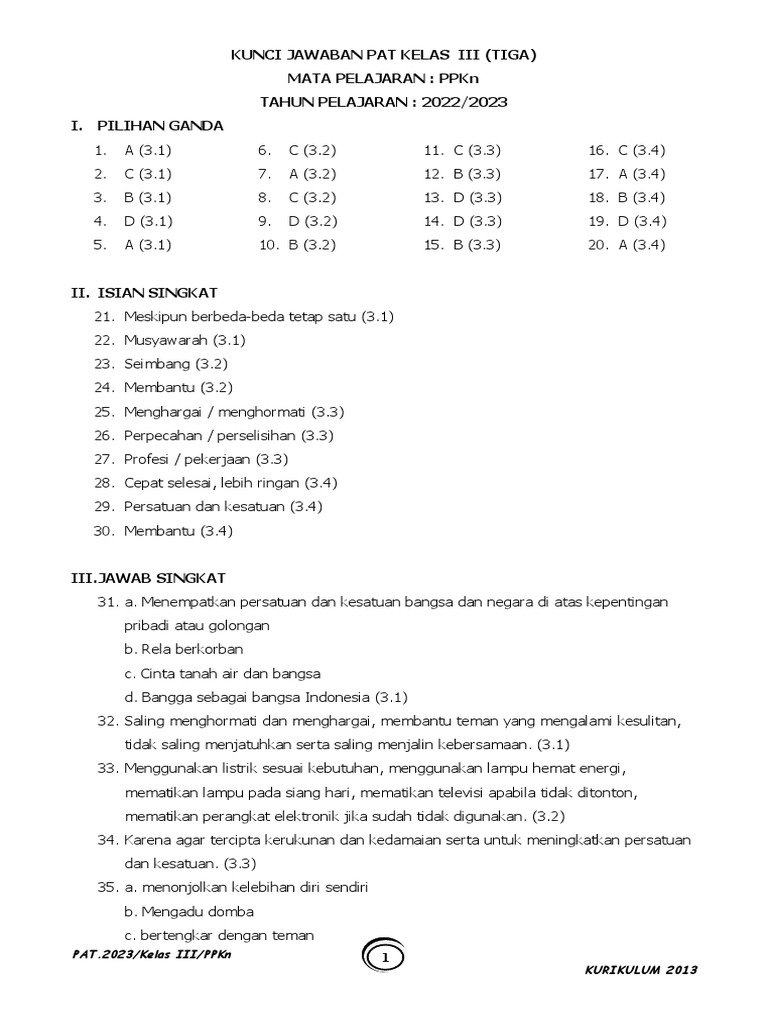KUNCI JAWABAN PPKN KELAS 3 | PDF