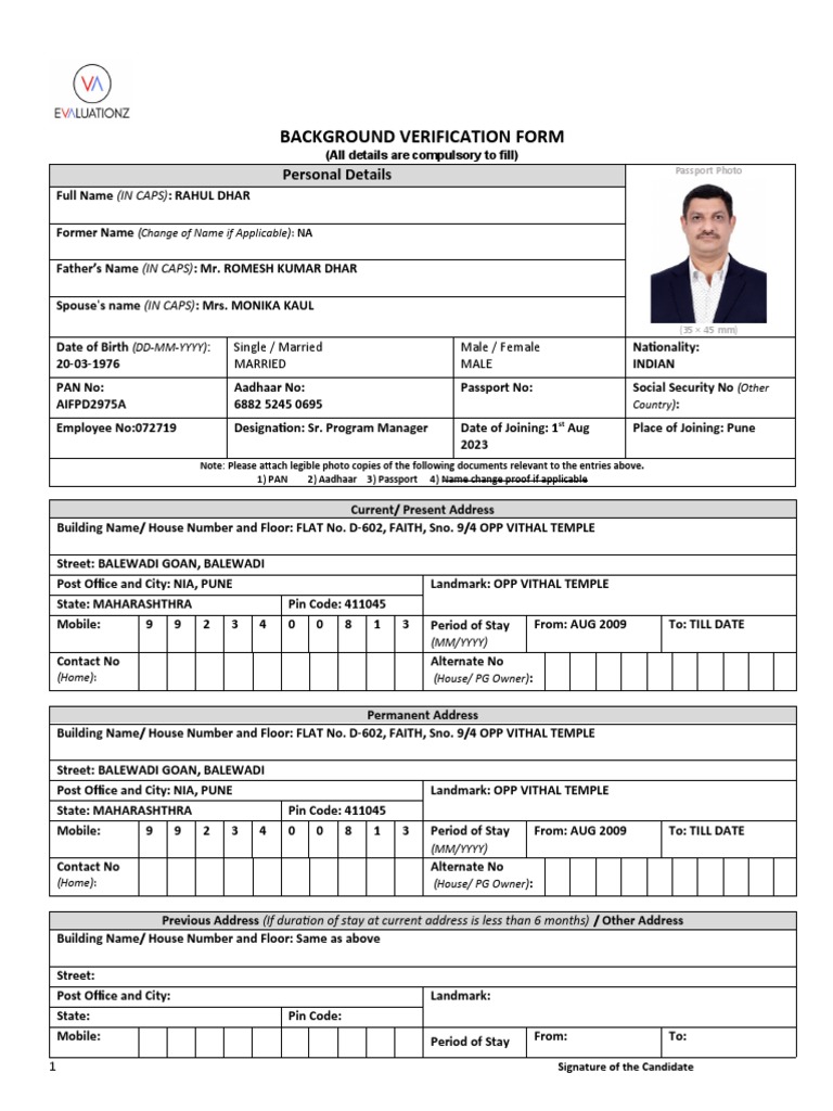 Evaluationz India PVT LTD BGV Form | PDF