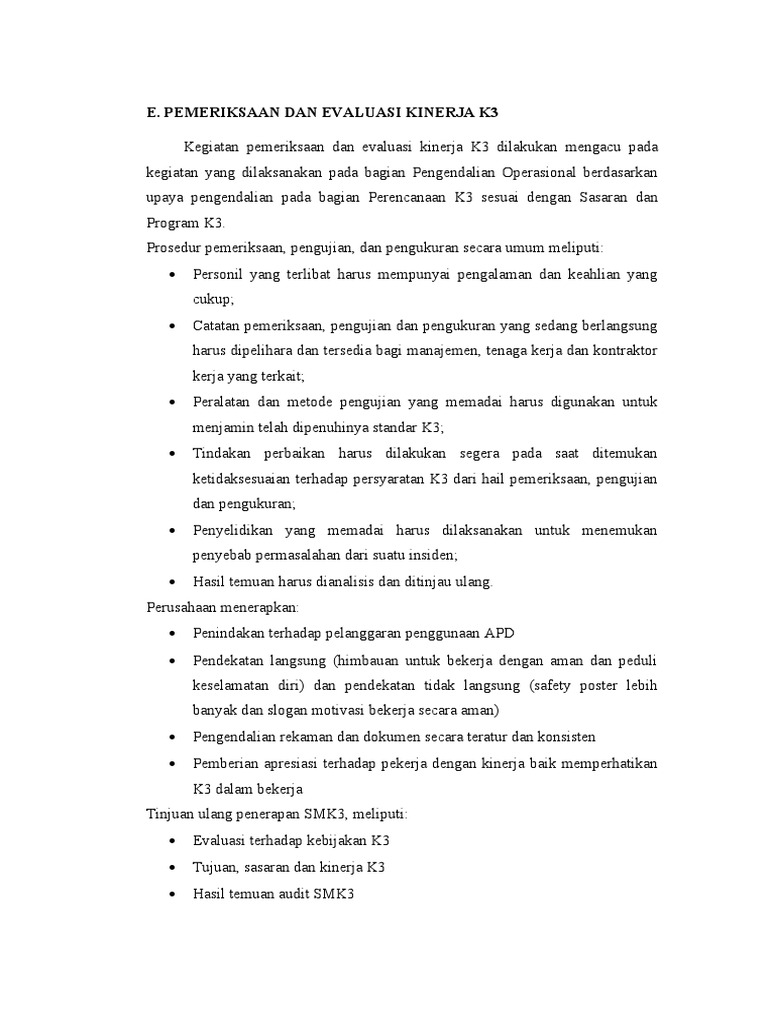 E. Pemeriksaan Dan Evaluasi Kinerja K3 | PDF