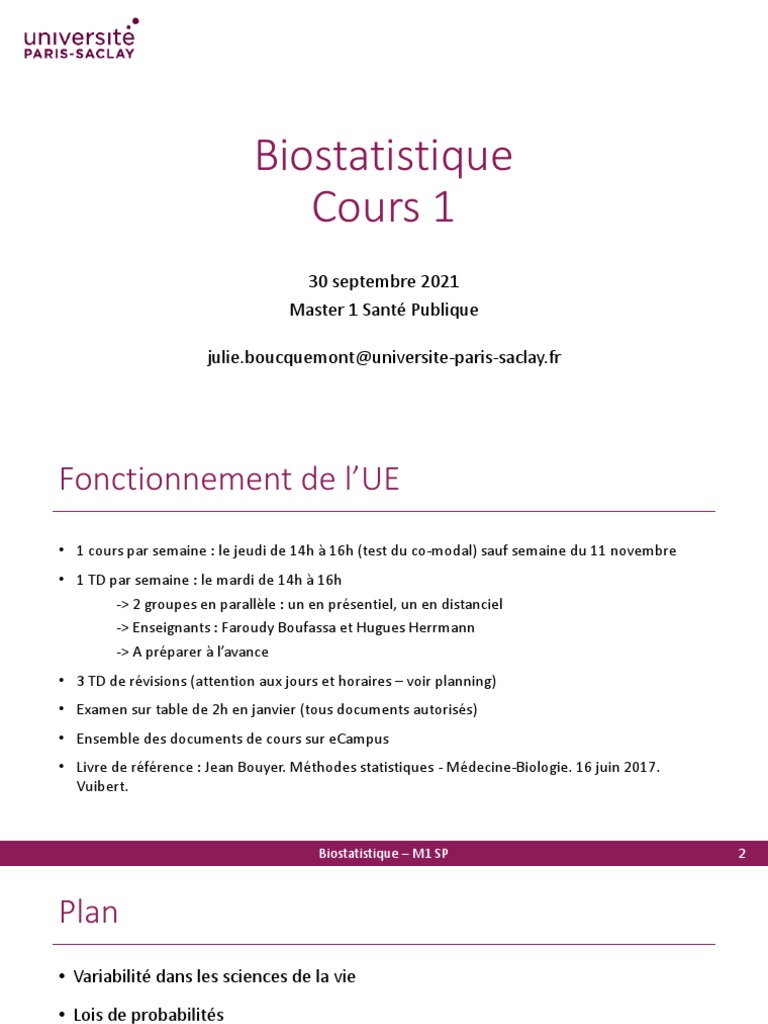 Biostatistique Cours 1: 30 Septembre 2021 Master 1 Santé Publique Julie ...