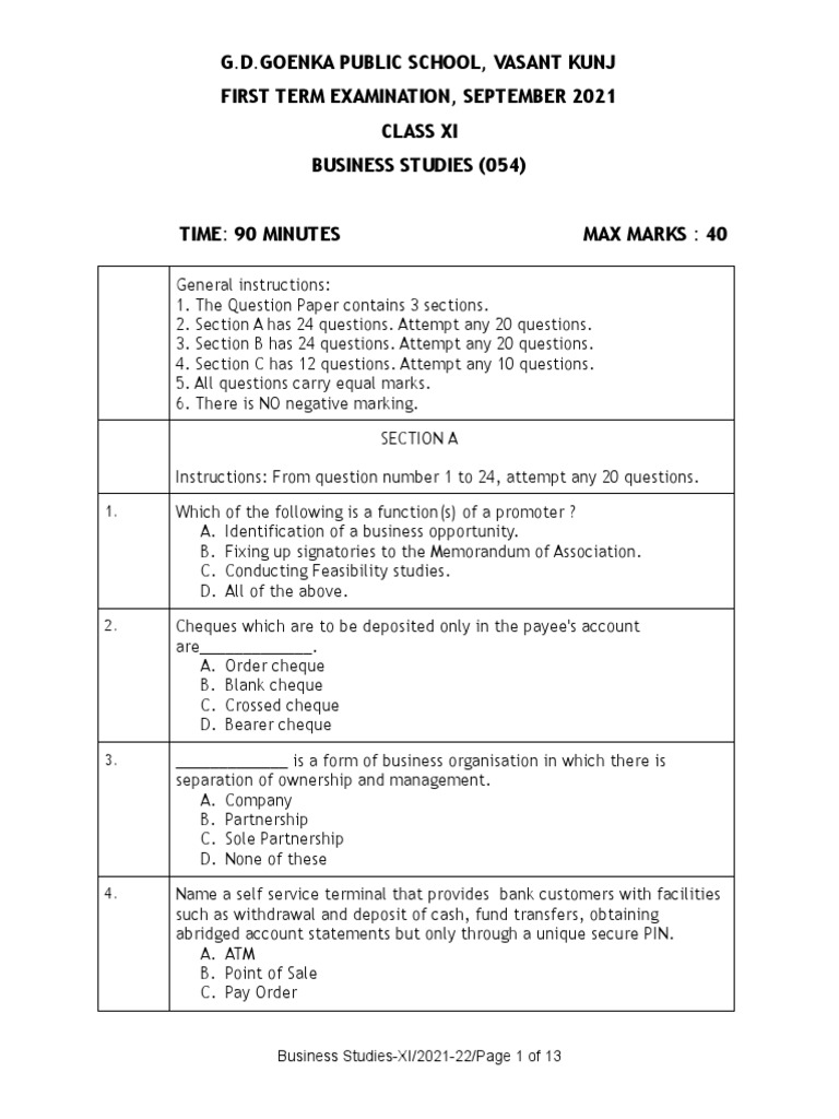Class XI - BUSINESS STUDIES FIRST TERM PAPER - 2021-22 | PDF
