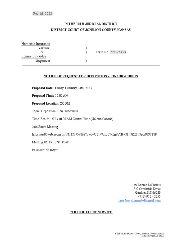 2023.02.17 - Doc. 33 Notice of Request For Deposition - Jon Hirschbein ...
