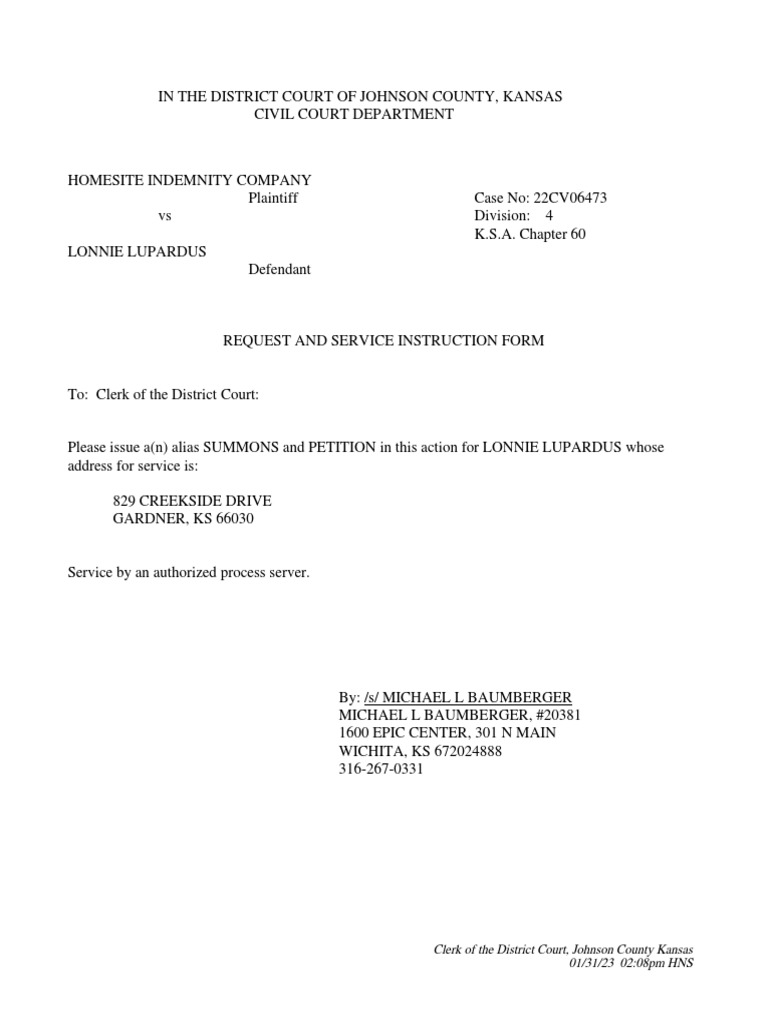 2023.01.31 - Doc. 18 Request - Service Instruction Form - Alias Summons ...