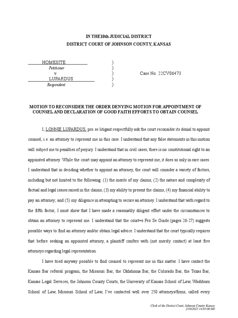 2023.02.10 - Doc. 32 Motion To Reconsider Order Denying Appointment of Counsel | Download Free ...