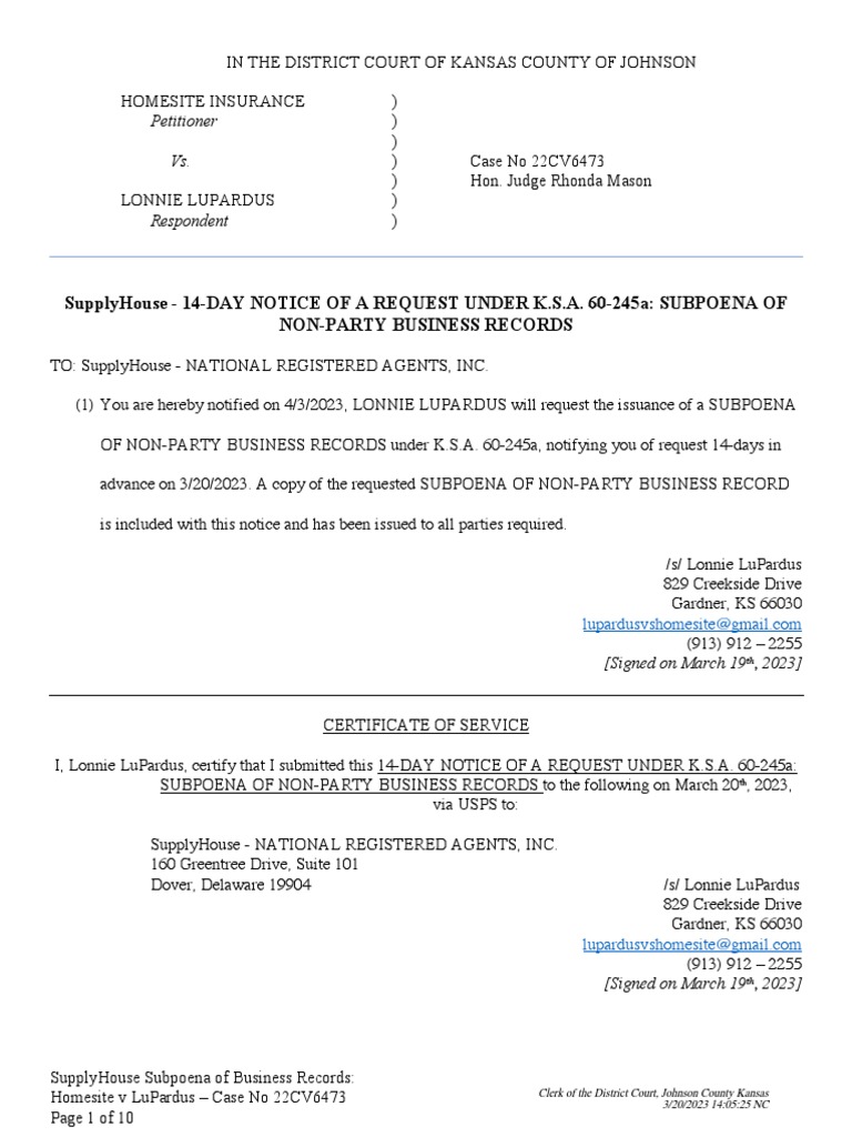 2023.03.20 - Doc. 71 14 Day Notice of Request For Non Party BRS ...