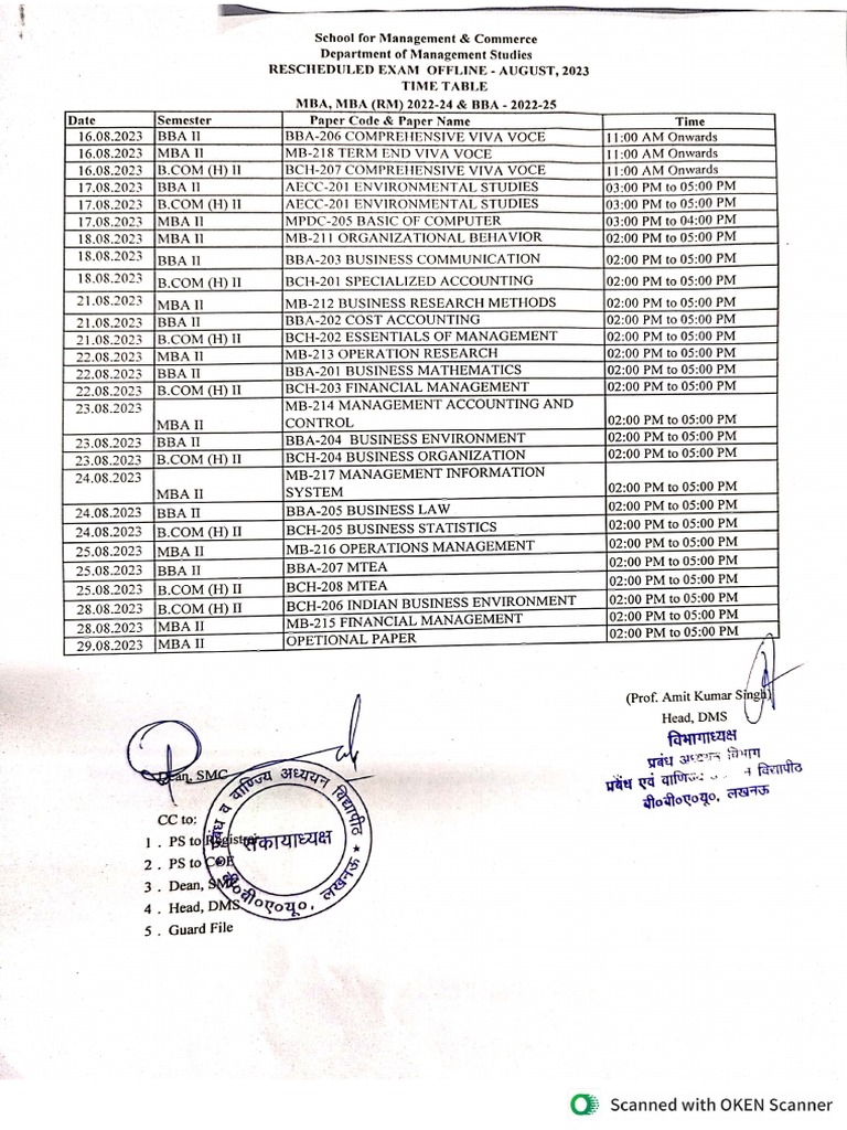Reschedule Exam Time Table | PDF