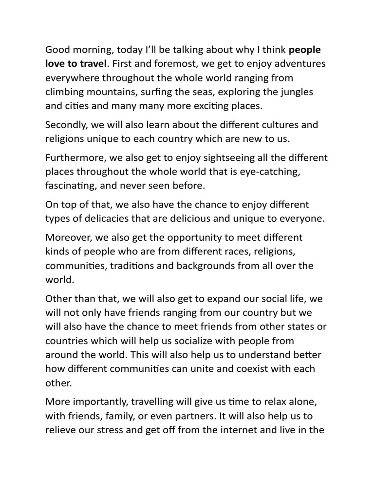 Why I Think People Love To Travel-Speech | PDF | Social Science | Wellness