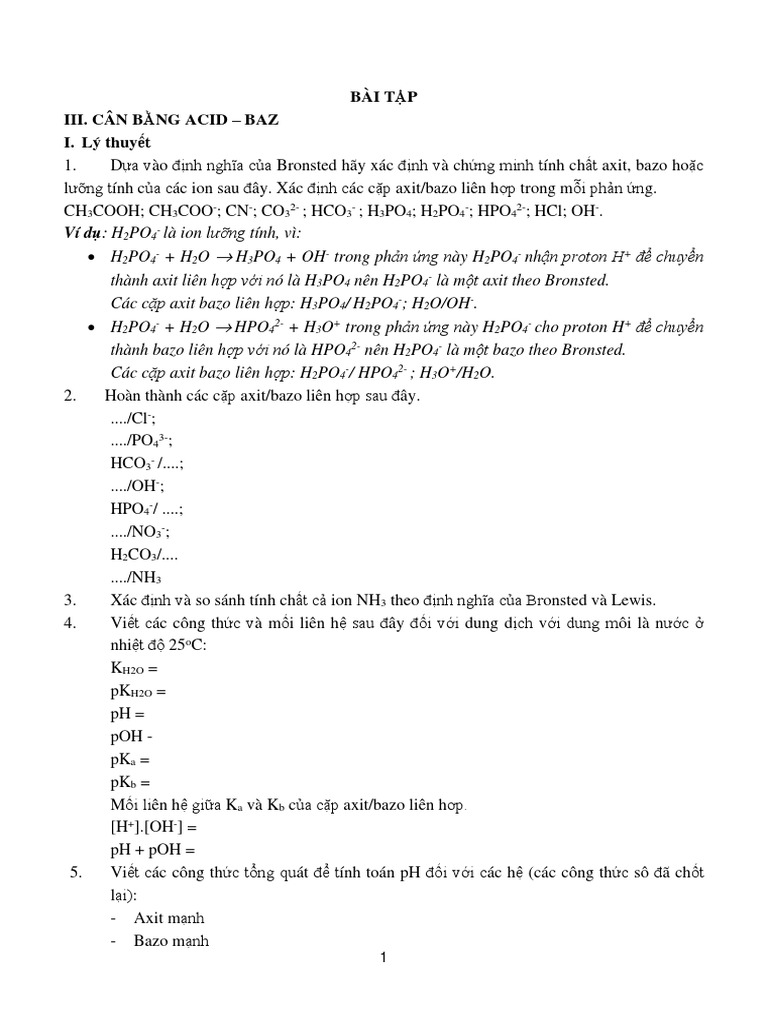 Bài Tập Cân Bằng Axit - Bazo | PDF