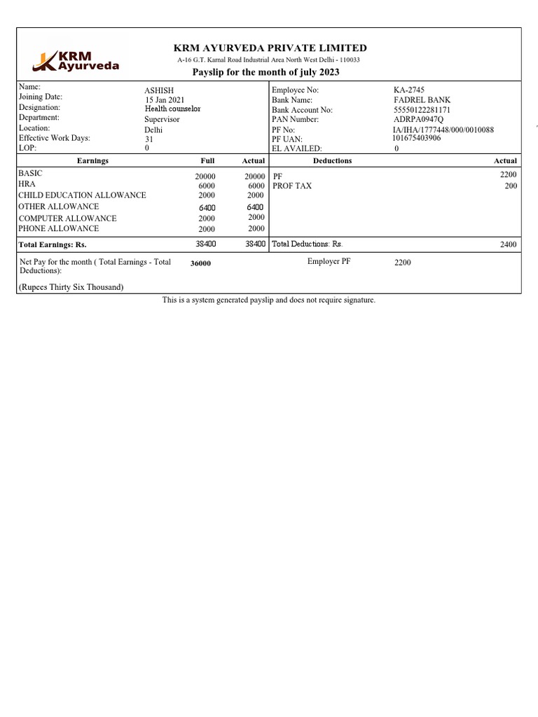 KRM Ayurveda Pay Slip | PDF