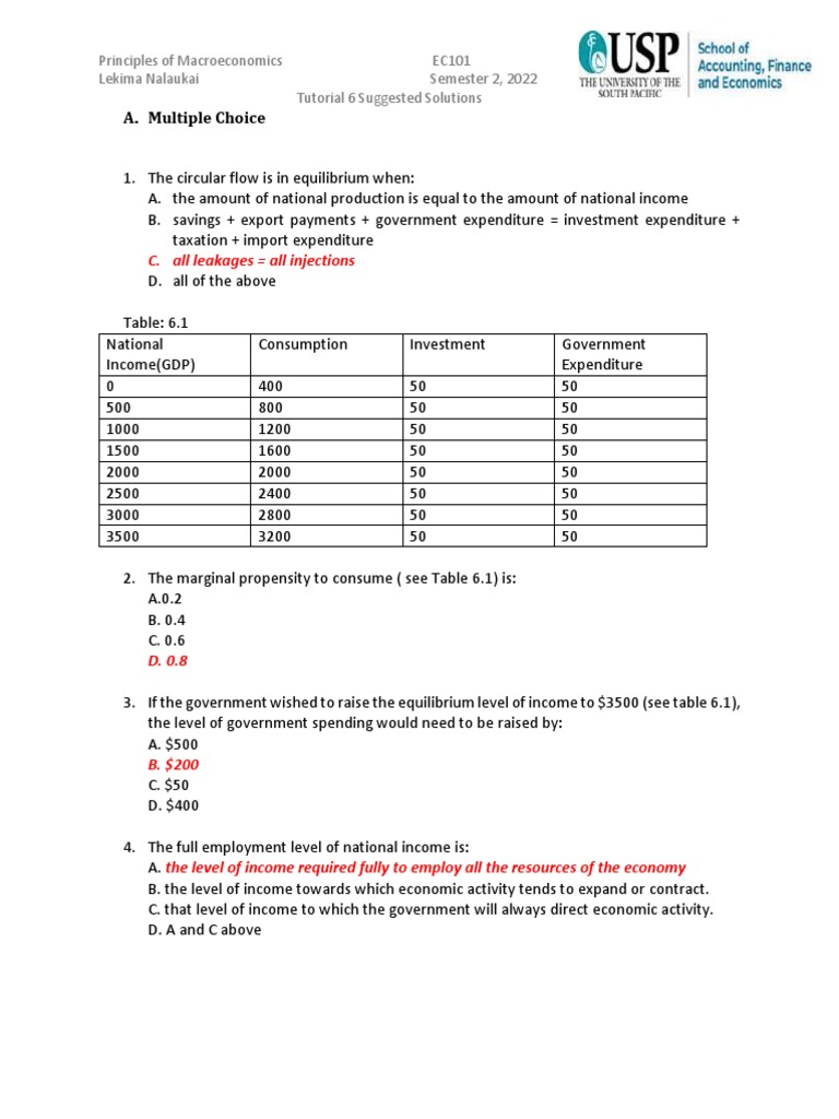 Macroeconomics EC101 Tutorial 6 Solutions | PDF | Consumption ...