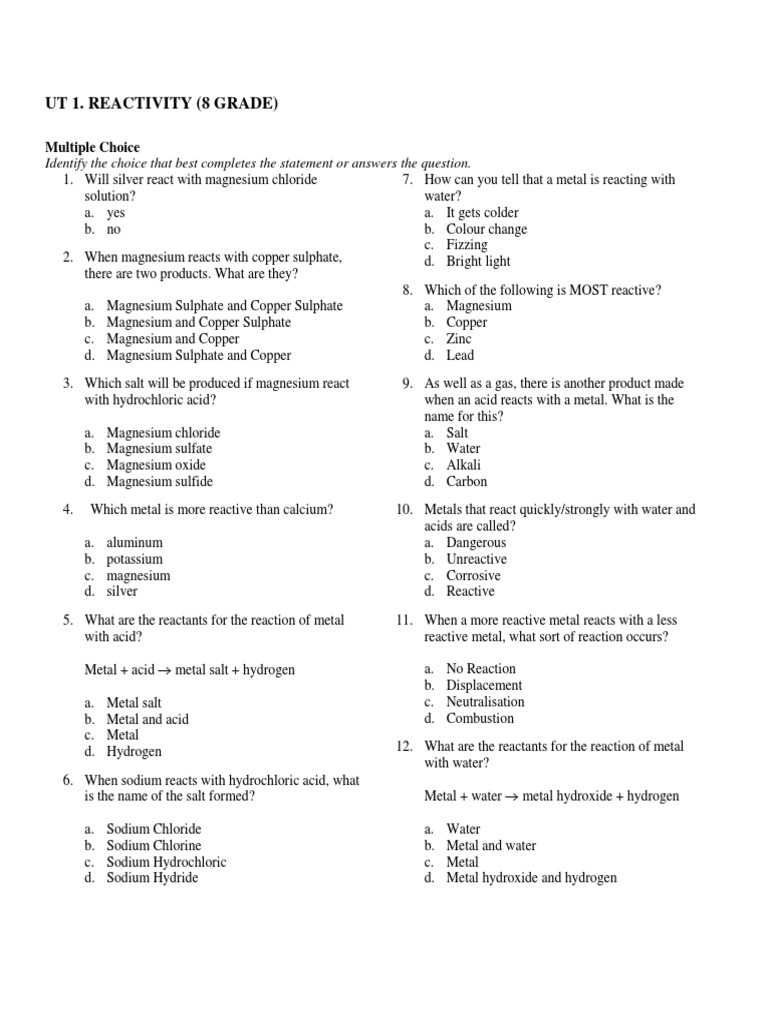Ut 1. Reactivity (8 Grade) : Multiple Choice | PDF | Magnesium | Oxide