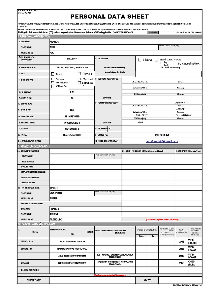 CS Form No. 212 Personal Data Sheet Revised | PDF