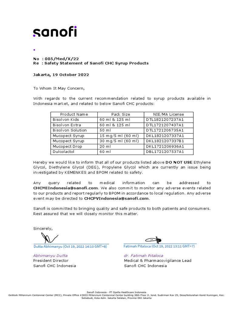 .Response Letter Sanofi CHC Indonesia - Oct 2022 - English - Signed | PDF