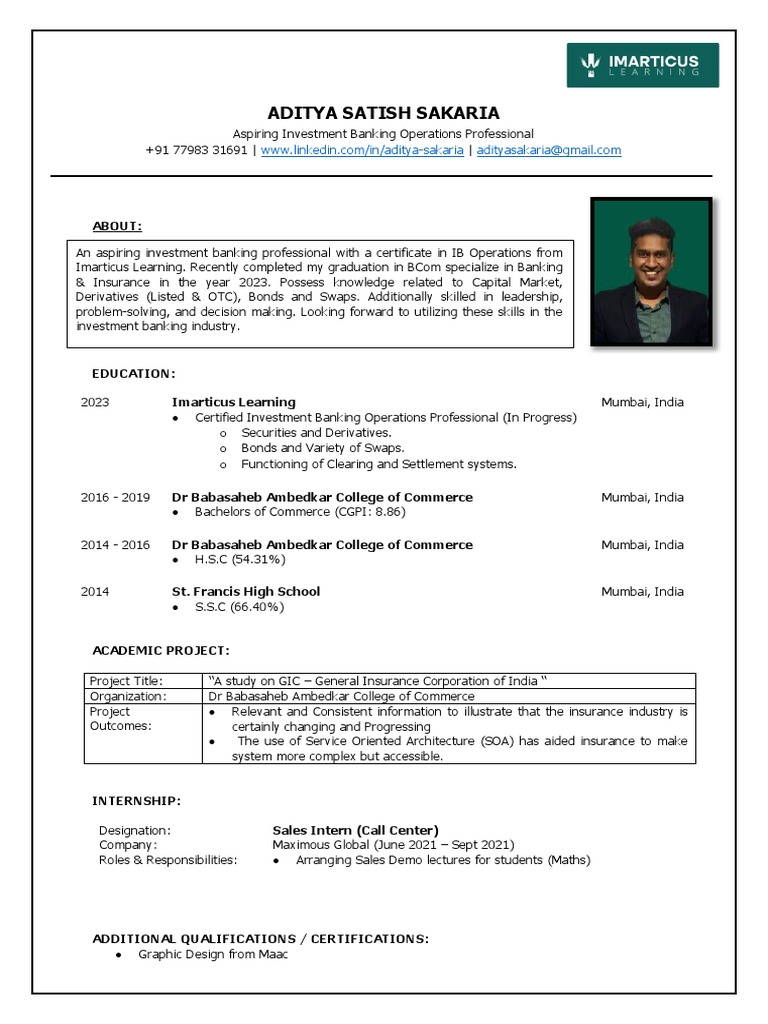 CIBOP - New Imarticus Resume Template (Aditya) | PDF | Derivative ...