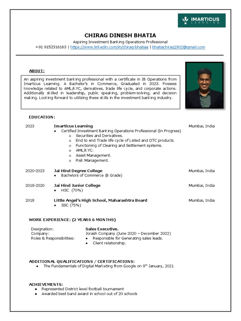 CIBOP - New Imarticus Resume Template (Chirag) | PDF | Derivative (Finance) | Investment Banking