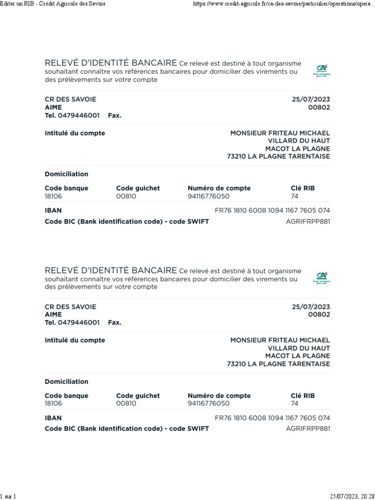 Editer Un RIB - Crédit Agricole Des Savoie | PDF