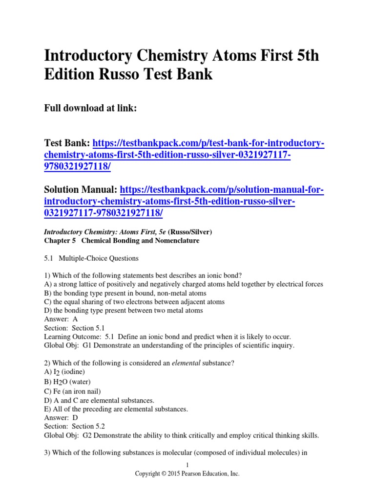 Introductory Chemistry Atoms First 5th Edition Russo Test Bank 1 | PDF ...
