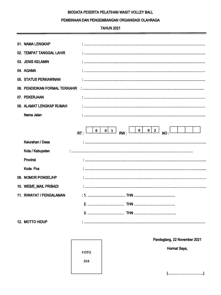 Biodata Peserta Pelatihan Wasit Volley Ball | PDF