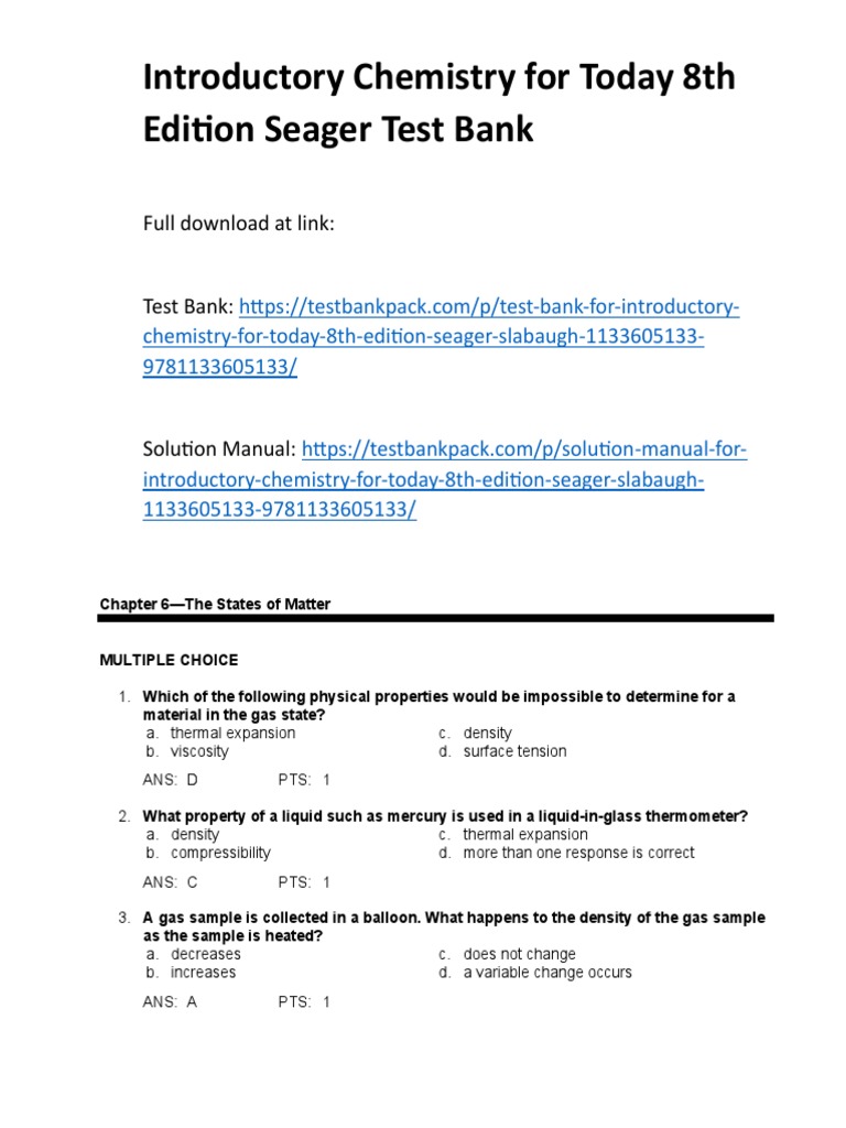 Introductory Chemistry For Today 8th Edition Seager Test Bank 1 | PDF ...