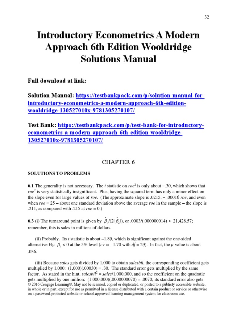 Introductory Econometrics A Modern Approach 6th Edition Wooldridge Solutions Manual 1 | PDF