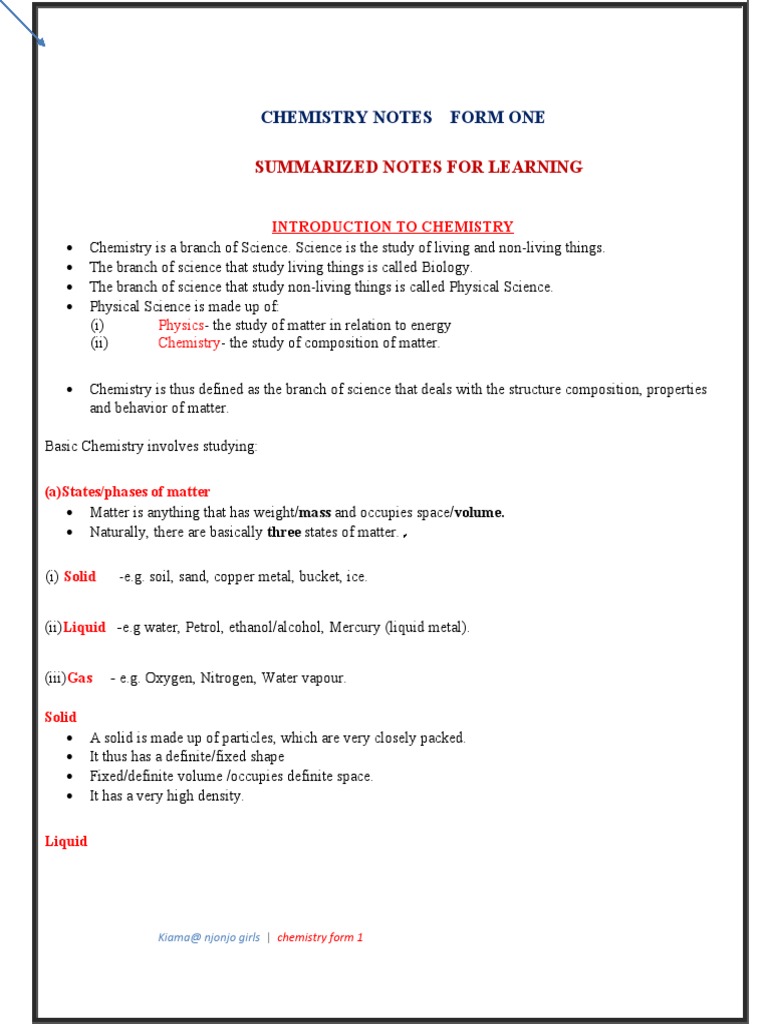 Kiama Chemistry Form 1 Final | PDF | Filtration | Alloy