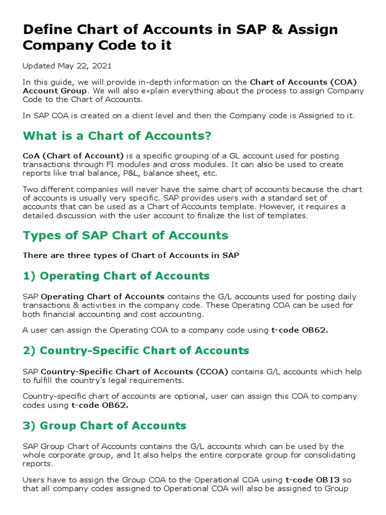 How To Define Chart of Accounts in SAP & Assign Company Code | PDF