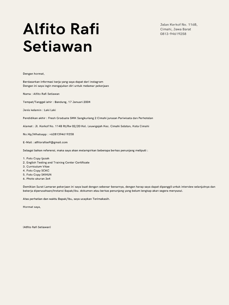 Surat Lamaran Alfito Rafi Setiawan | PDF