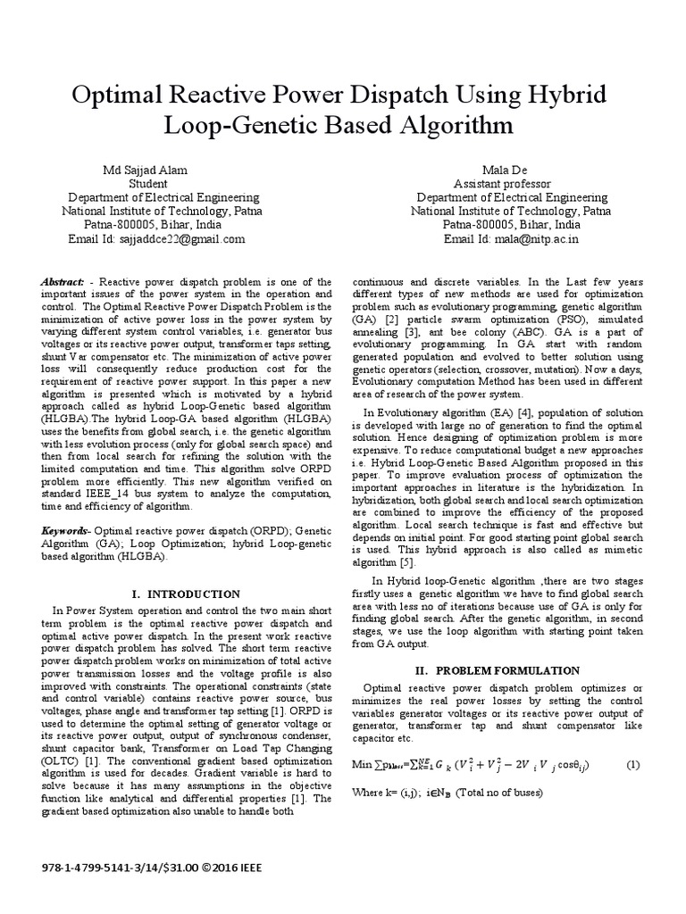 2016 (8) ORPD Using Hybrid Loop-Genetic Based Algorithm | PDF