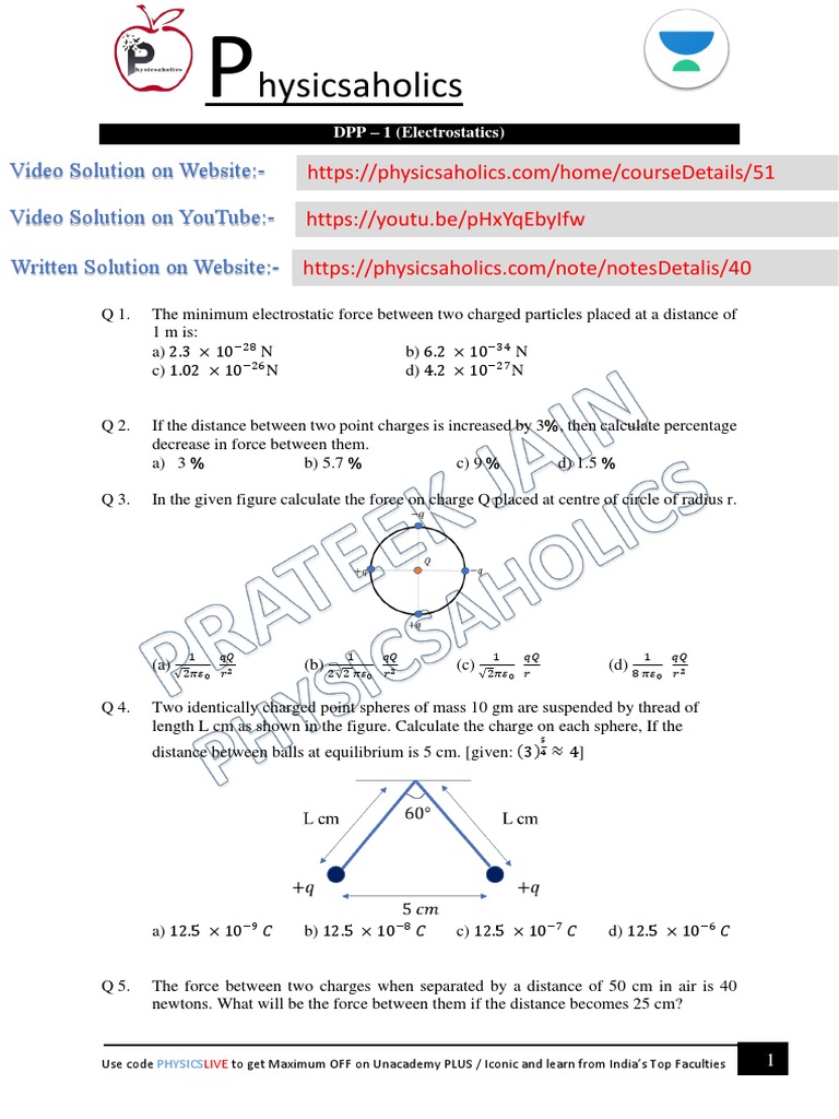DPP 1JEEMainElectrostatics Coulombslaw | PDF | Force | Classical Mechanics