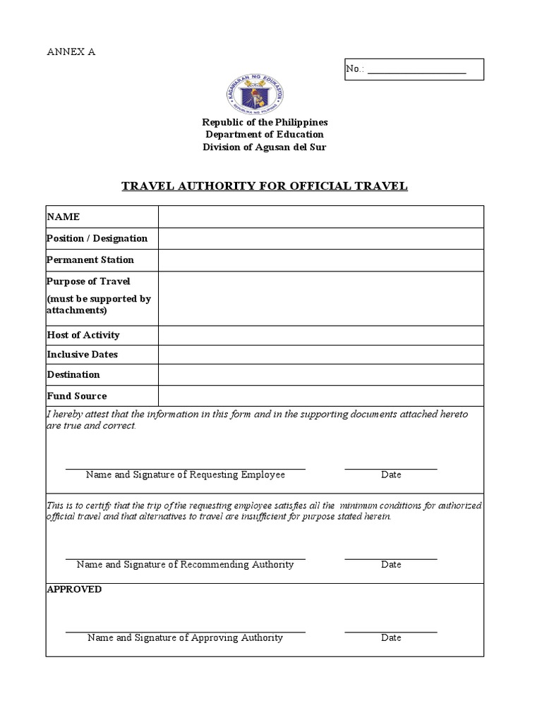 Travel Authority For Official Travel: Republic of The Philippines ...