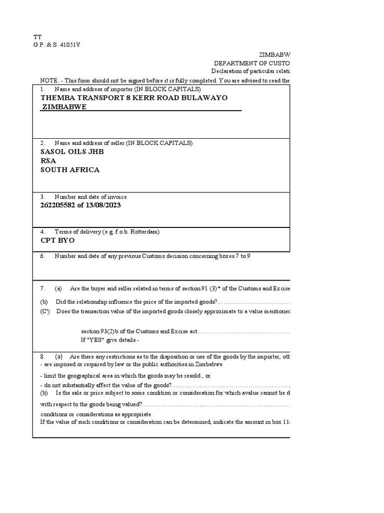 Zimbabwe Customs Value Declaration Form | PDF