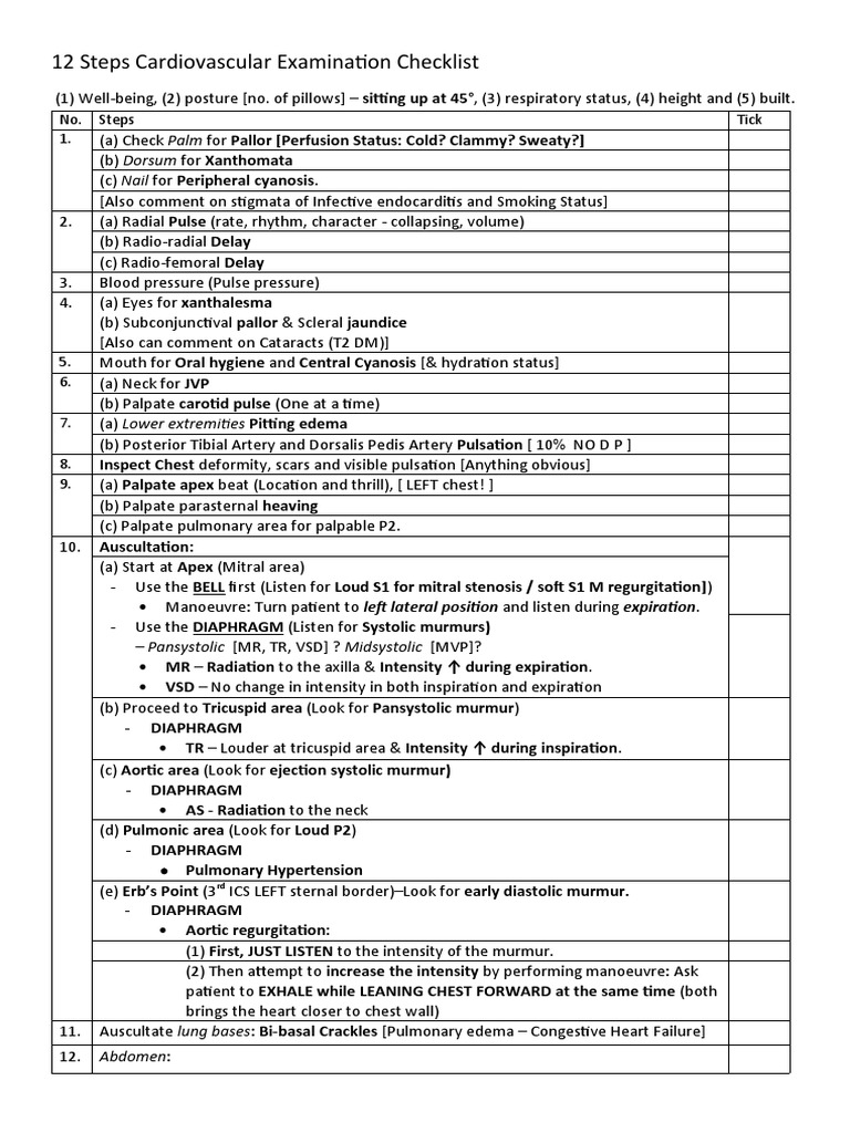 CVS 12 Steps Cardiovascular Examination Checklist v3 | PDF | Pulse ... CVS 12 Steps Cardiovascular Examination Checklist v3 | PDF | Pulse ...