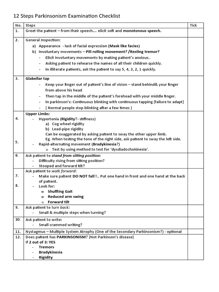 Parkinson 12 Steps Parkinsonism Examination Checklist | PDF