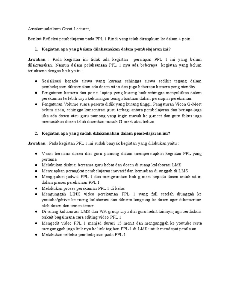 Contoh Refleksi Pembelajaran | PDF