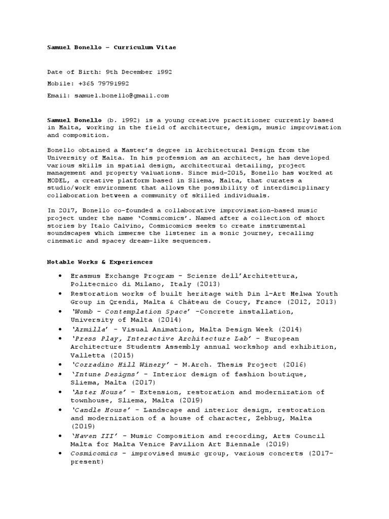 Samuel Bonello Curriculum Vitae | PDF