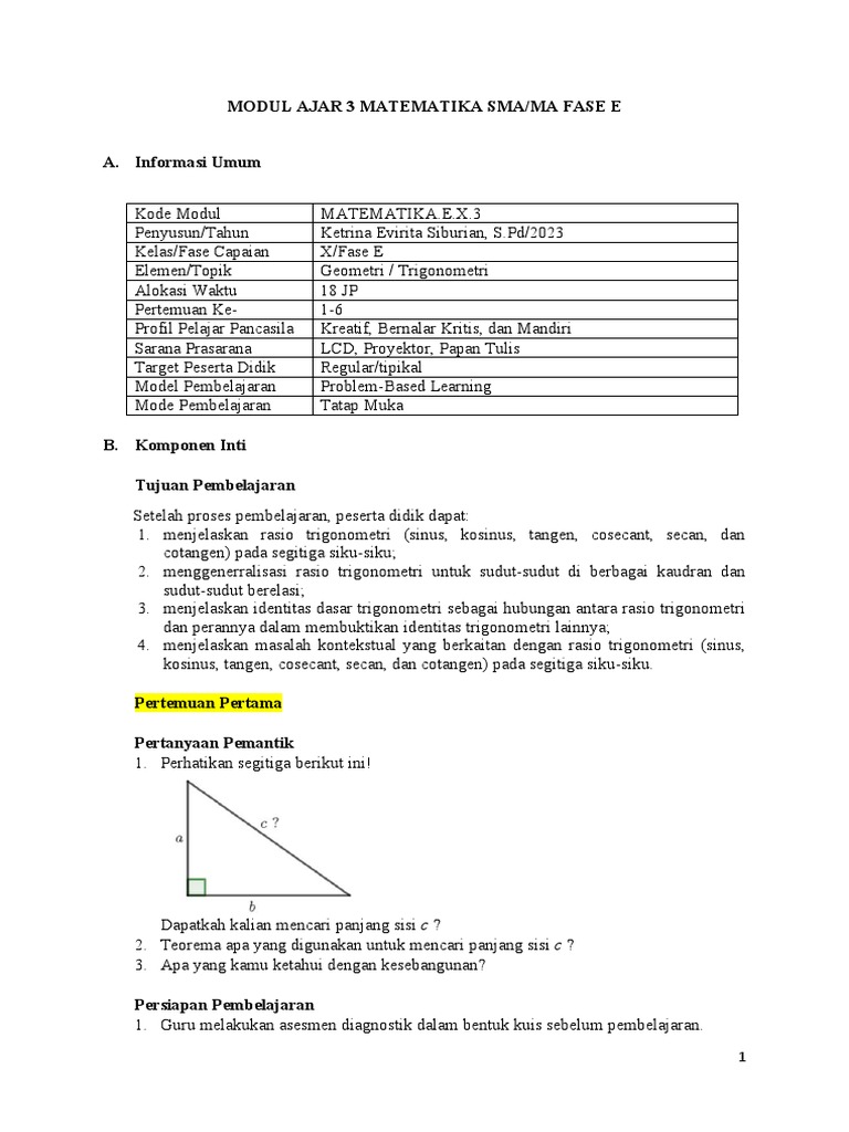 Modul Ajar 3 Matematika Sma Fase e | PDF | Metode & Bahan Ajar
