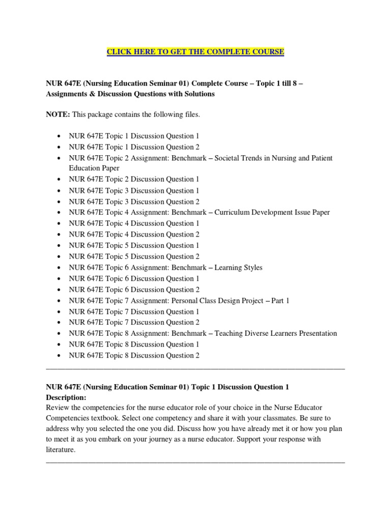 NUR 647E (Nursing Education Seminar 01) Complete Course - Topic 1 Till ...