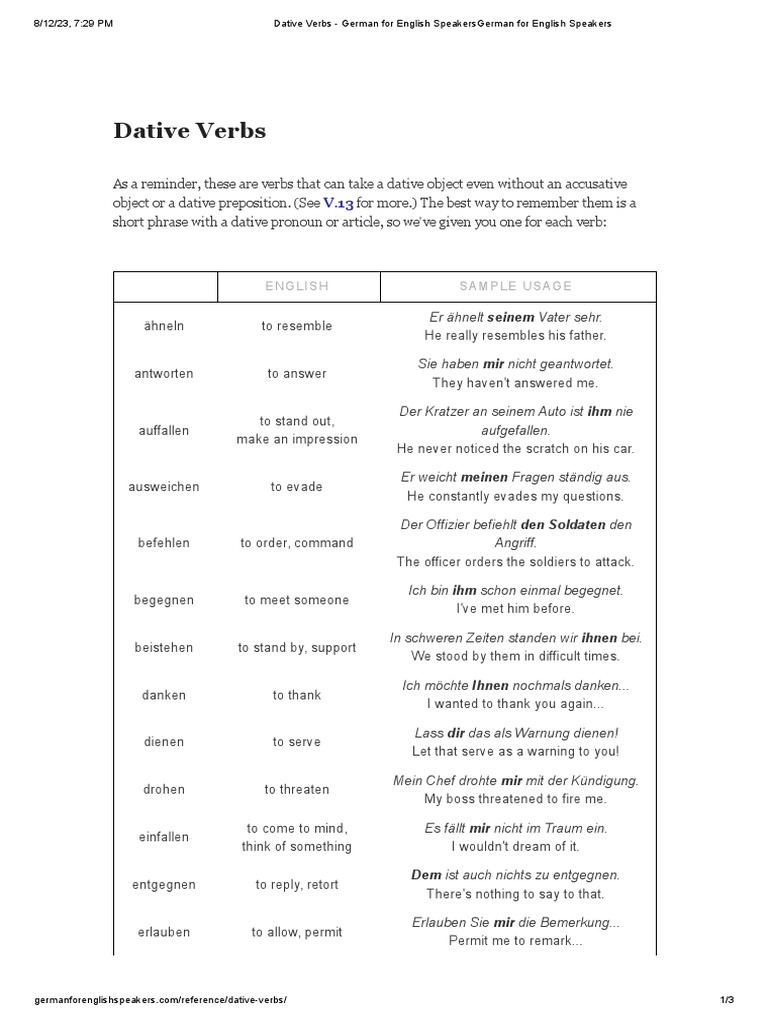 Dative Verbs - German For English SpeakersGerman For English Speakers | PDF