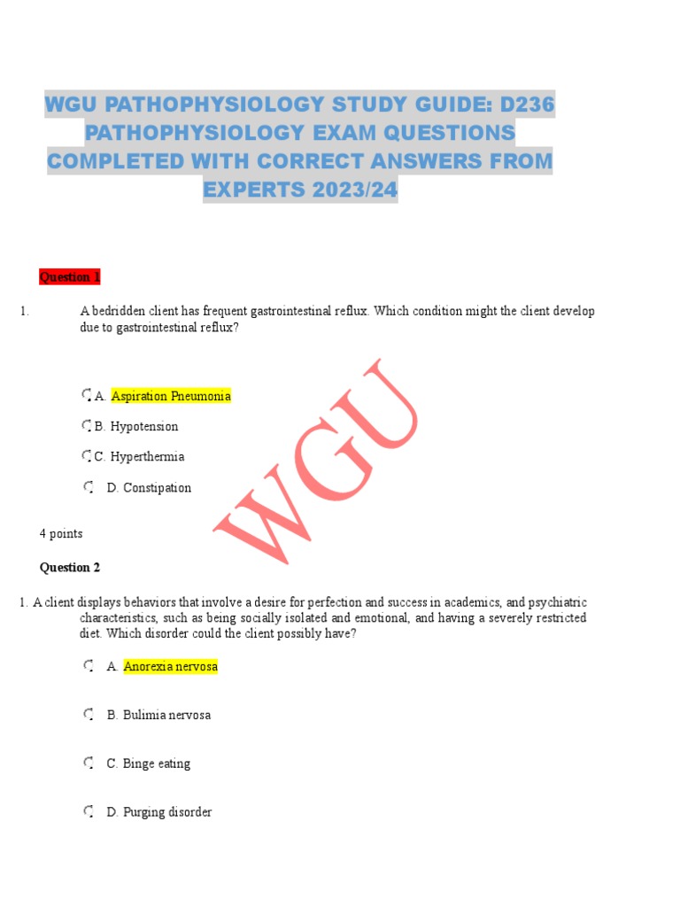 Wgu Pathophysiology Study Guide d236 Pathophysiology Exam Questions ...