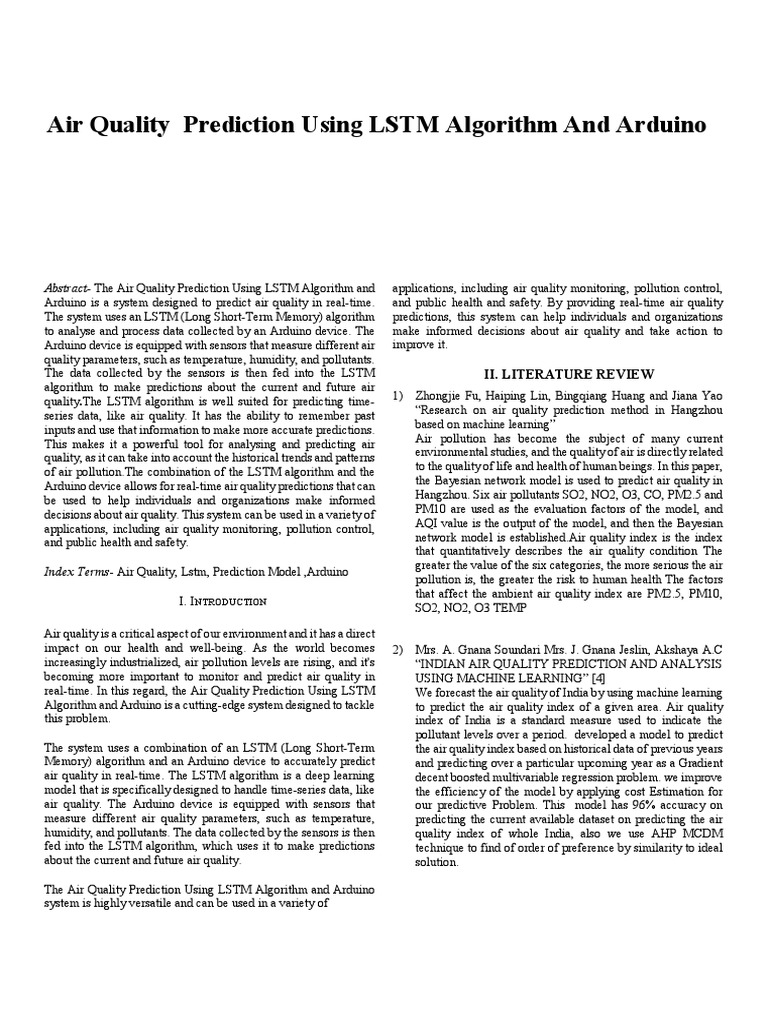 Air Quality Prediction Using LSTM Algorithm and Arduino: Ii. Literature ...